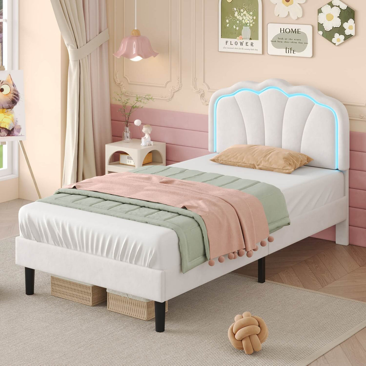 3ft Single LED Upholstered Bed ¨C Velvet Shell Headboard Bed Frame ...